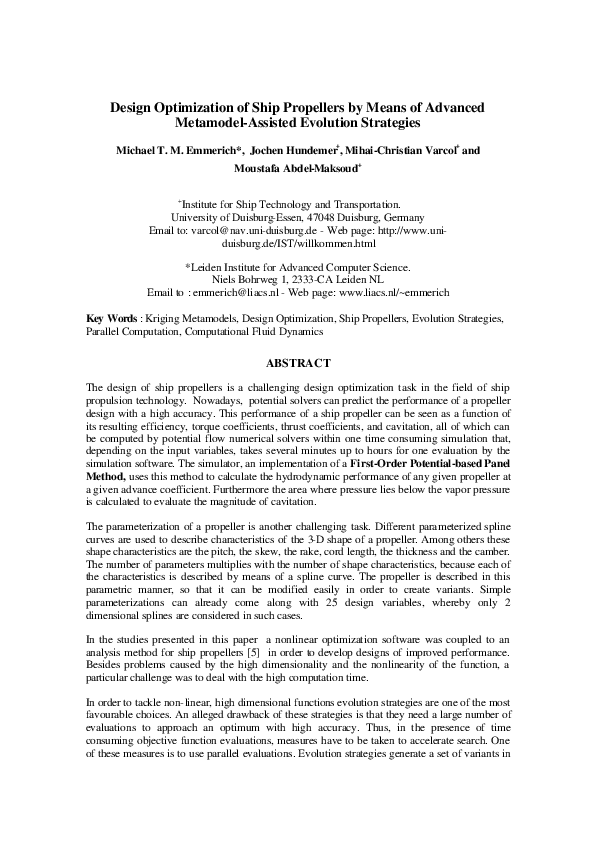 (PDF) Design Optimization of Ship Propellers by Means of Advanced Metamodel-Assisted Evolution ...