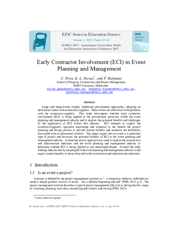 (PDF) Early contractor involvement (ECI) in event planning and management