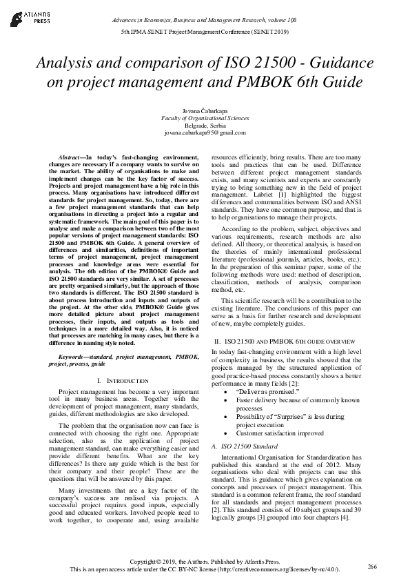 (PDF) Analysis and comparison of ISO 21500 - Guidance on project ...