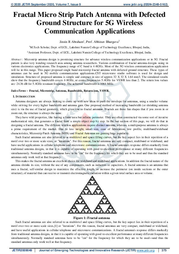 Pdf Fractal Microstrip Patch Antenna With Defected Ground Structure For 5g Wireless