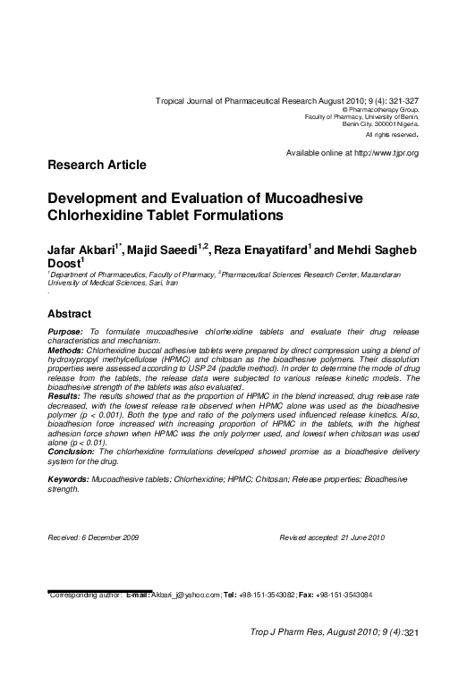 (PDF) Development and evaluation of mucoadhesive chlorhexidine tablet ...