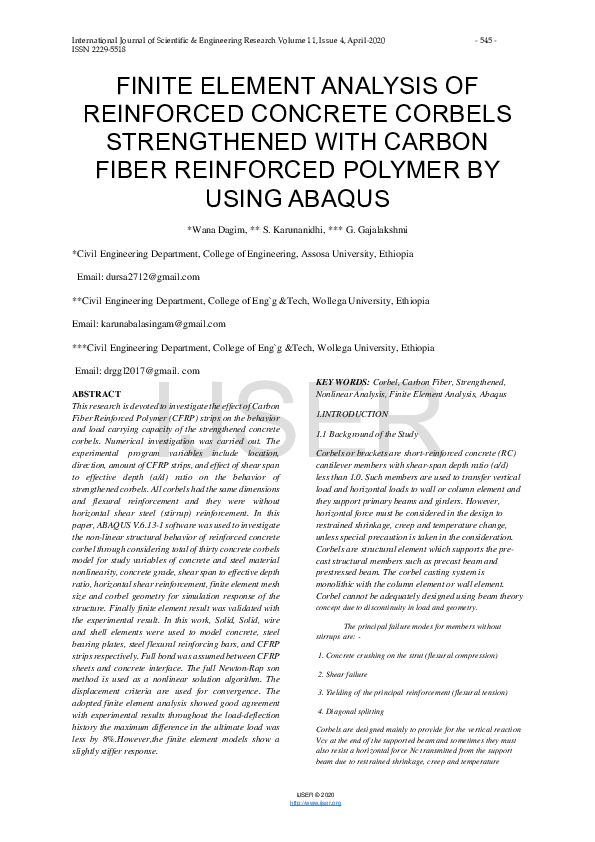 Pdf Finite Element Analysis Of Reinforced Concrete Corbels Strengthened With Carbon Fiber