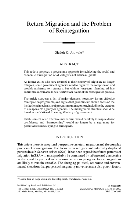 (PDF) Return migration and the problem of reintegration