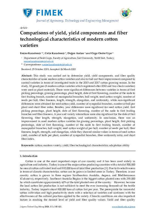 (PDF) Comparisons of yield, yield components and fiber technological ...