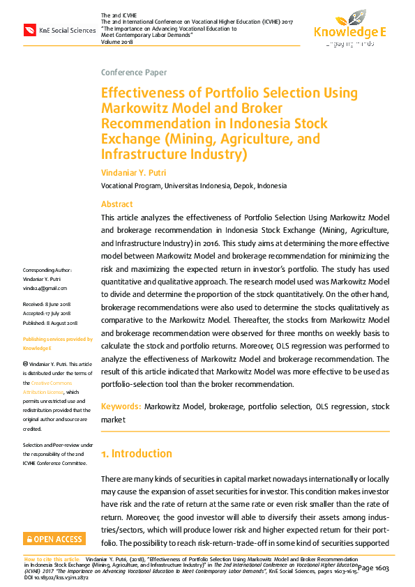 (PDF) Effectiveness of Portfolio Selection Using Markowitz Model and Broker Recommendation in ...