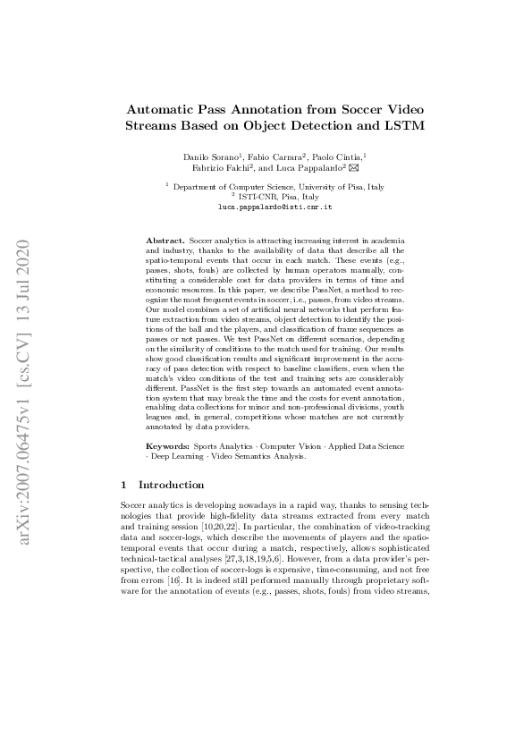 Pdf Automatic Pass Annotation From Soccer Videostreams Based On Object Detection And Lstm