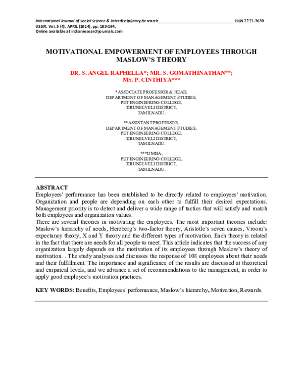 (PDF) Motivational Empowerment of Employees Through Maslow's Theory