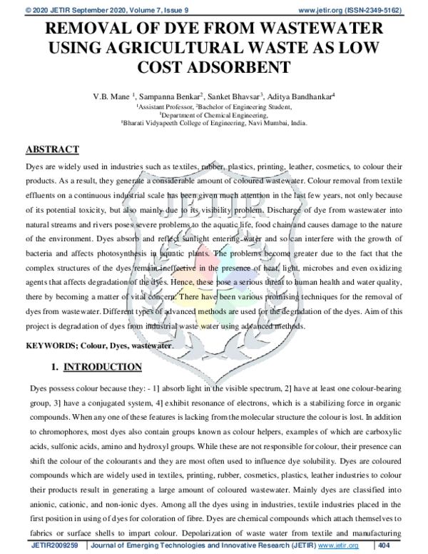 (PDF) Removal of Dye from Wastewater Using Agricultural Waste as Low ...