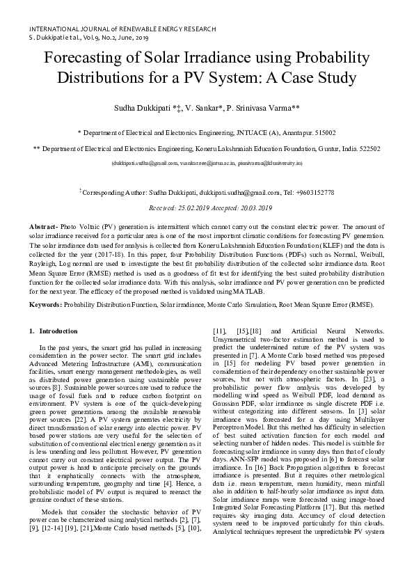 (PDF) Forecasting of Solar Irradiance using Probability Distributions ...