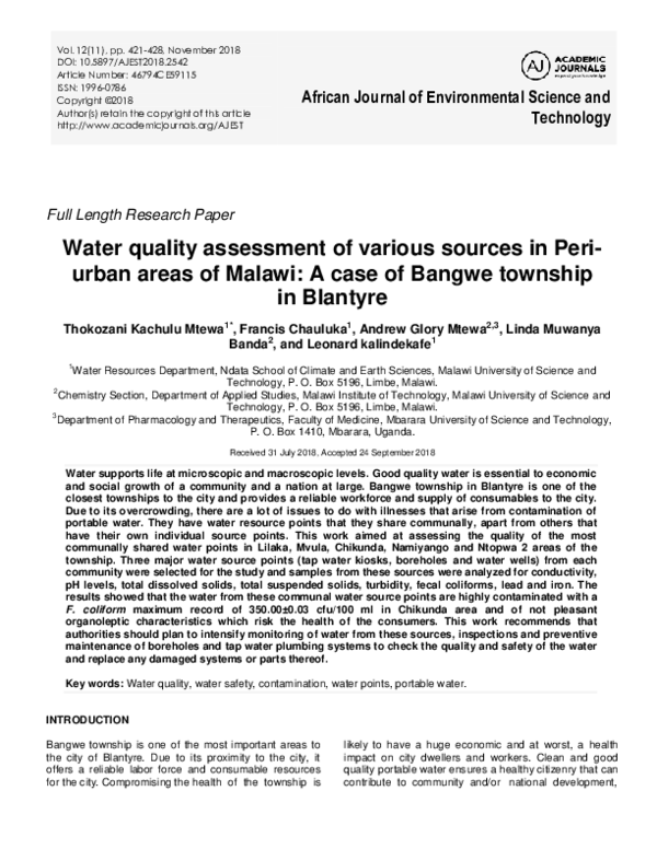 (PDF) Water quality assessment of various sources in Peri-urban areas ...