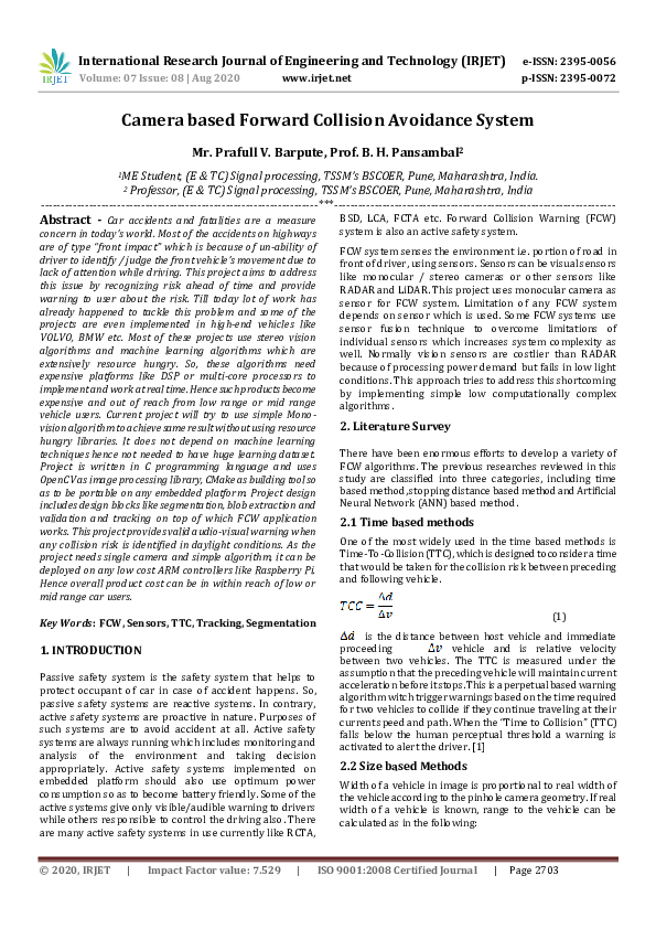 Pdf Camera Based Forward Collision Avoidance System