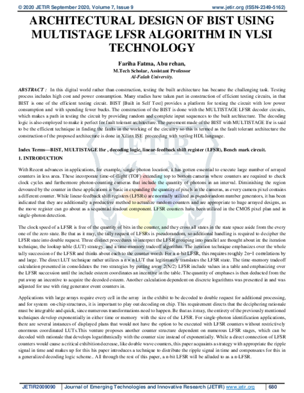 (PDF) Architectural Design of Bist Using Multistage LFSR Algorithm in ...