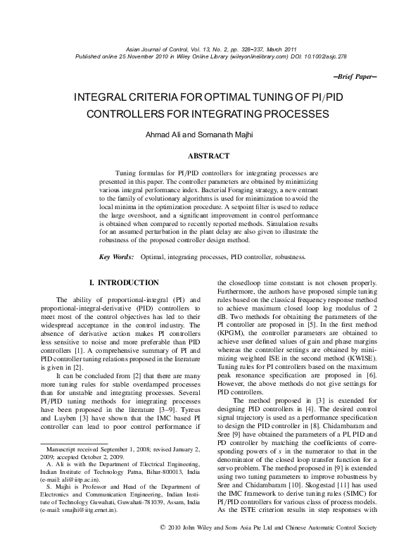 Pdf Integral Criteria For Optimal Tuning Of Pi Pid Controllers For Integrating Processes