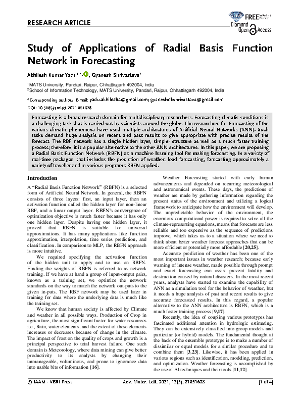 (PDF) Study of Applications of Radial Basis Function Network in Forecasting