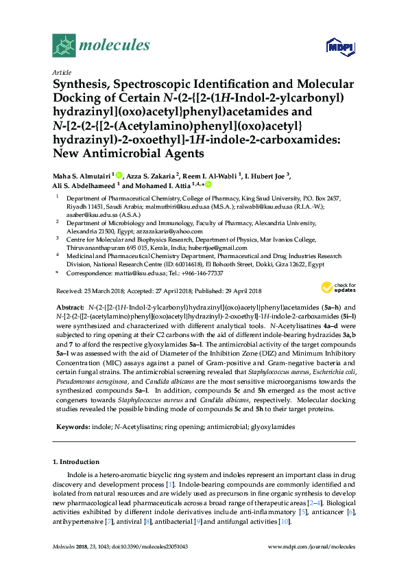 (PDF) {"__content__"=>"Synthesis, Spectroscopic Identification and Molecular Docking of Certain ...
