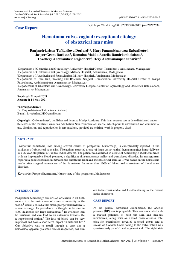 (PDF) Hematoma vulvo-vaginal: exceptional etiology of obstetrical near miss