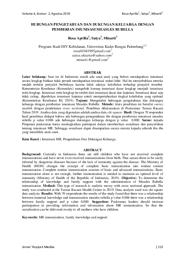 (PDF) Hubungan Pengetahuan Dan Dukungan Keluarga Dengan Pemberian Imunisasi Measles Rubella
