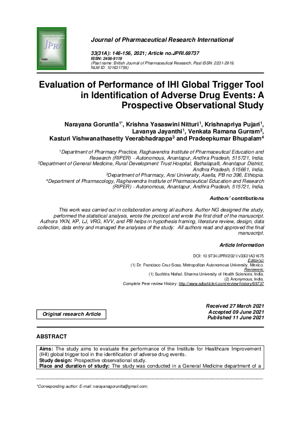Pdf Evaluation Of Performance Of Ihi Global Trigger Tool In Identification Of Adverse Drug
