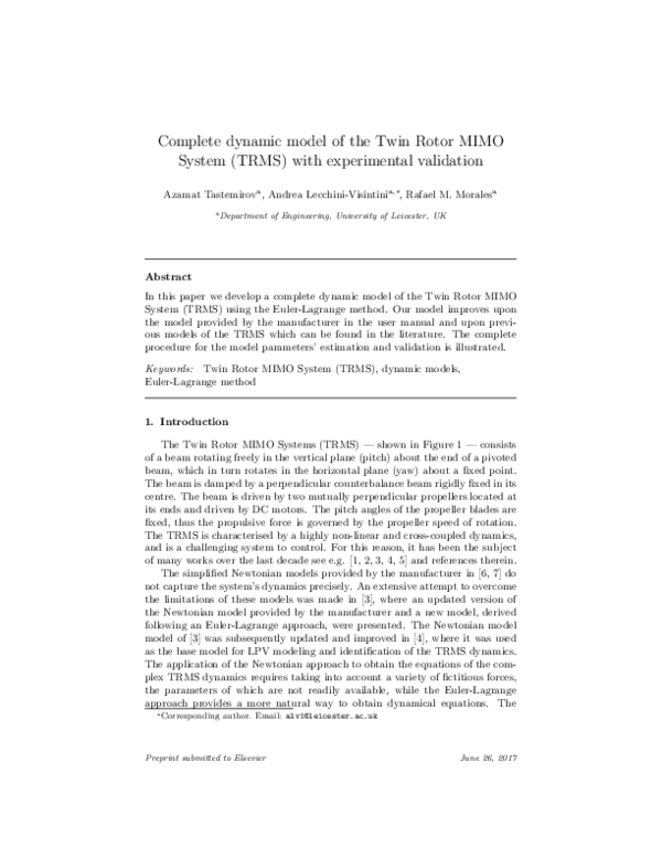 Pdf Complete Dynamic Model Of The Twin Rotor Mimo System Trms With Experimental Validation