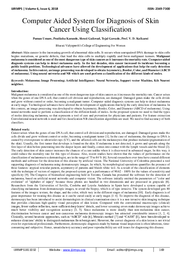 (PDF) Computer Aided System for Diagnosis of Skin Cancer Using Classification