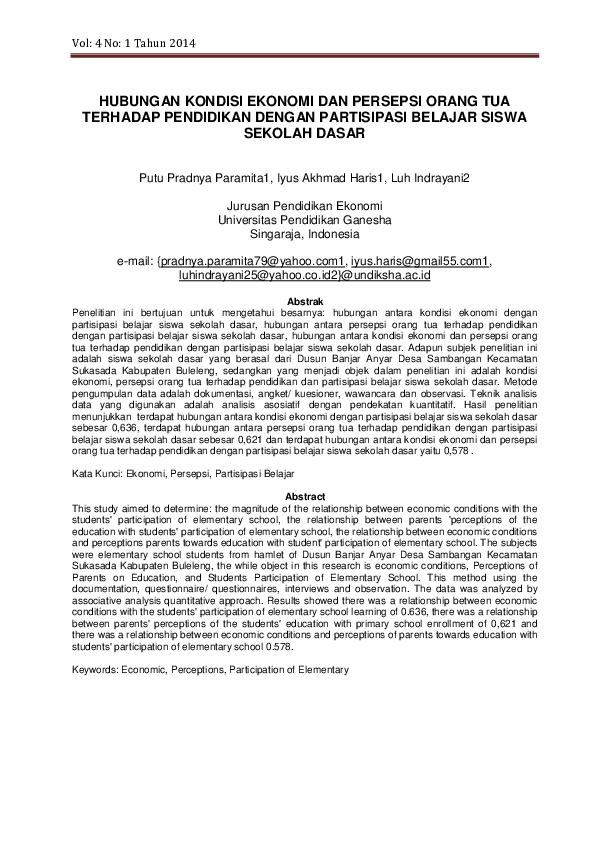 (PDF) Hubungan Kondisi Ekonomi Dan Persepsi Orang Tua Terhadap Pendidikan Dengan Partisipasi ...