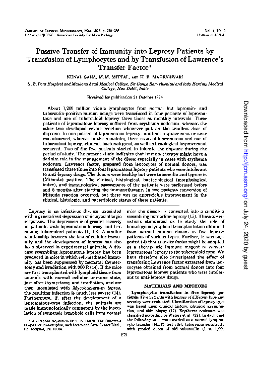 (PDF) Passive transfer of immunity into leprosy patients by transfusion ...
