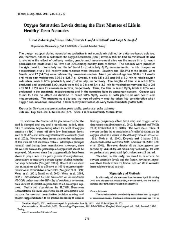 Pdf Oxygen Saturation Levels During The First Minutes Of Life In