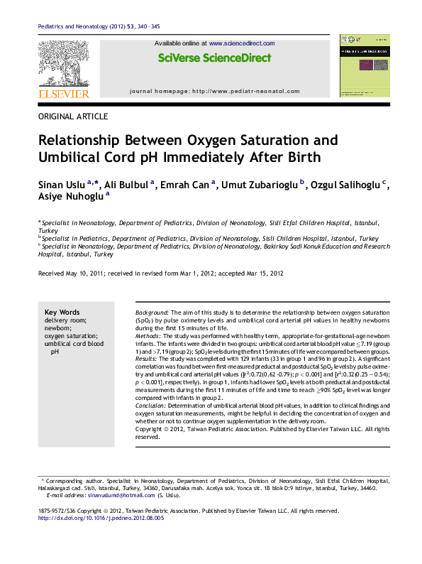 (PDF) Relationship Between Oxygen Saturation and Umbilical Cord pH ...