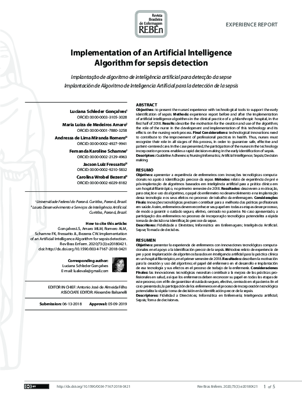 (PDF) Implementation of an Artificial Intelligence Algorithm for sepsis detection