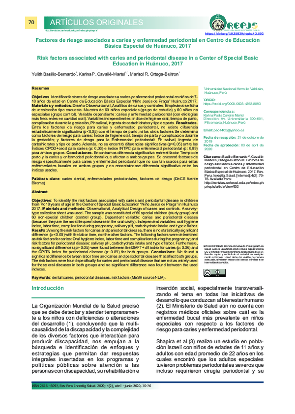 (PDF) Factores de riesgo asociados a caries y enfermedad periodontal en Centro de Educación ...