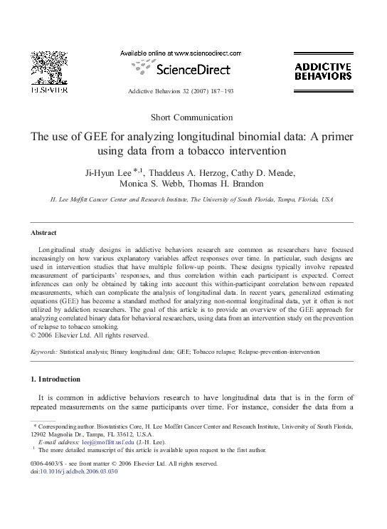 (PDF) The use of GEE for analyzing longitudinal binomial data: A primer using data from a ...