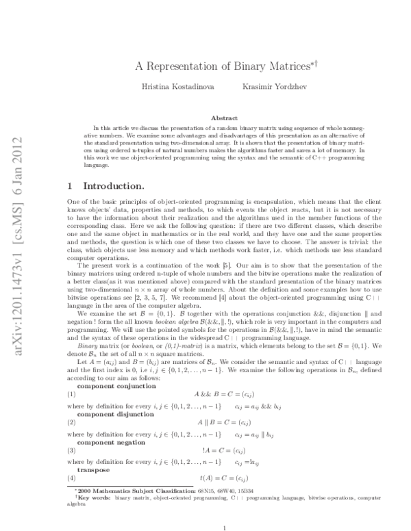 (PDF) A Representation of Binary Matrices