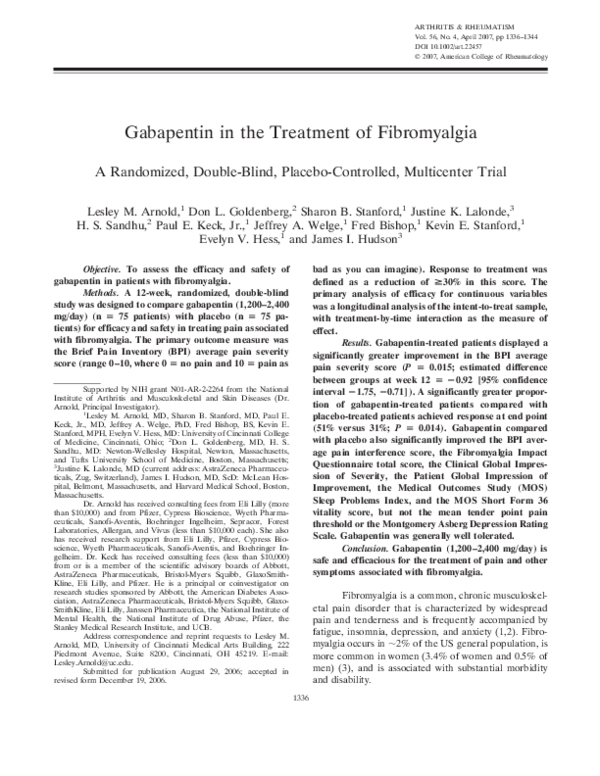 (PDF) Gabapentin in the treatment of fibromyalgia: A randomized, double ...
