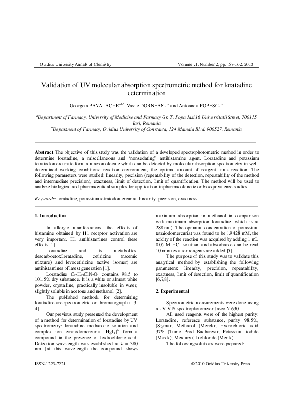 Pdf Validation Of Uv Molecular Absorption Spectrometric Method For Loratadine Determination