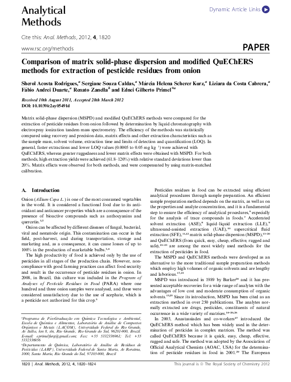 (PDF) Comparison of matrix solid-phase dispersion and modified QuEChERS methods for extraction ...