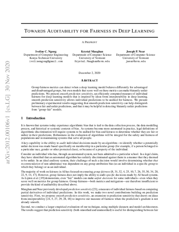 (PDF) Towards Auditability for Fairness in Deep Learning