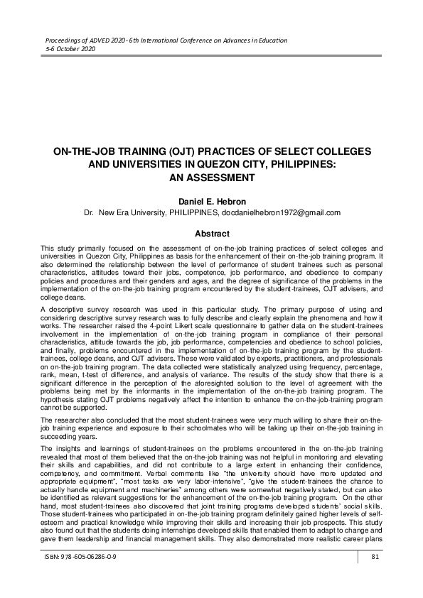 (PDF) On-The-Job Training (Ojt) Practices of Select Colleges and ...