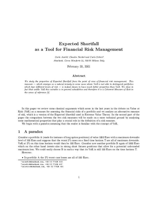 (PDF) Expected Shortfall as a Tool for Financial Risk Management