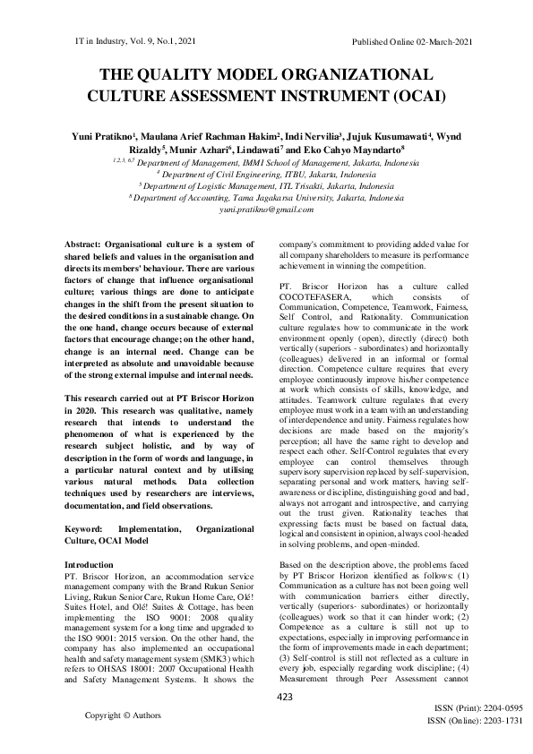 The Quality Model Organizational Culture Assessment Instrument (Ocai)