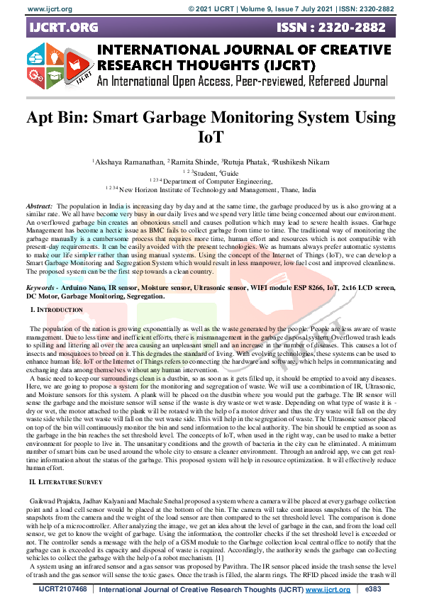 (PDF) Apt Bin: Smart Garbage Monitoring System Using IoT