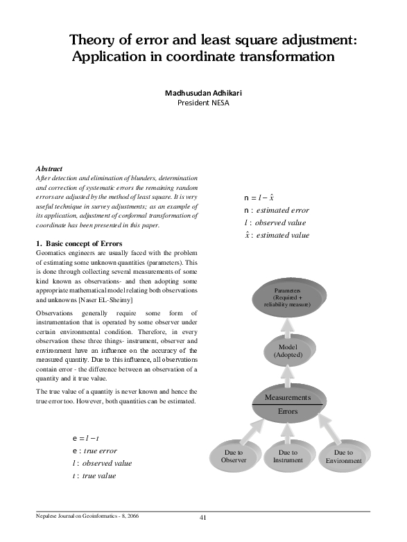 (PDF) Theory of error and least square adjustment: Application in coordinate transformation