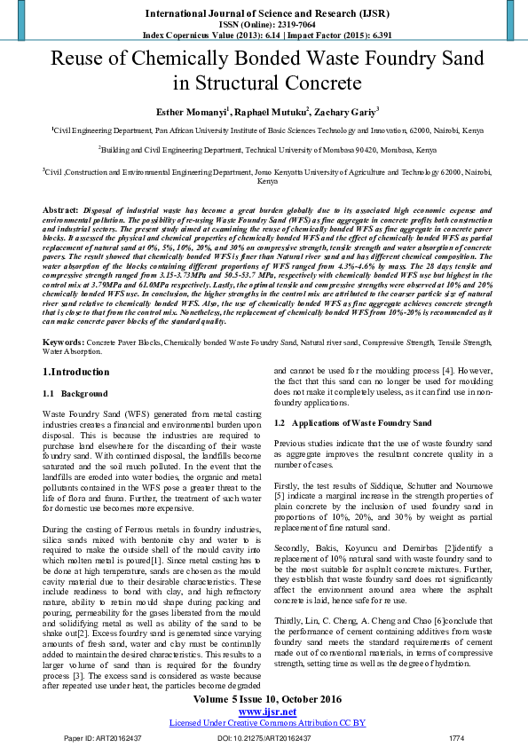 (PDF) Reuse of Chemically Bonded Waste Foundry Sand in Structural Concrete