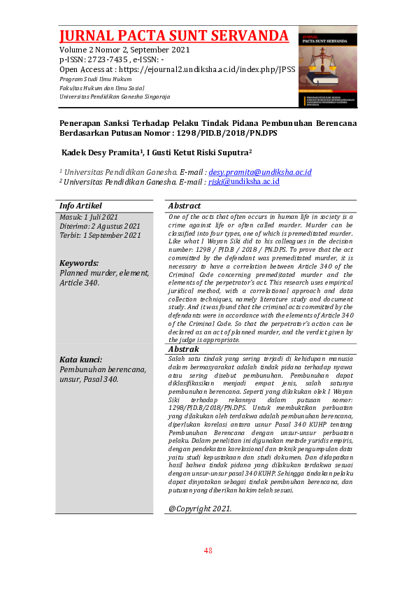 (PDF) Penerapan Sanksi Terhadap Pelaku Tindak Pidana Pembunuhan Berencana Berdasarkan Putusan ...