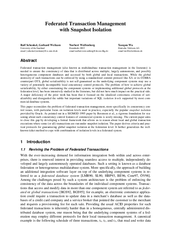 (PDF) Federated transaction management with snapshot isolation