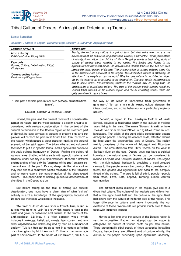 (PDF) Tribal Culture of Dooars : An insight and Deteriorating Trends