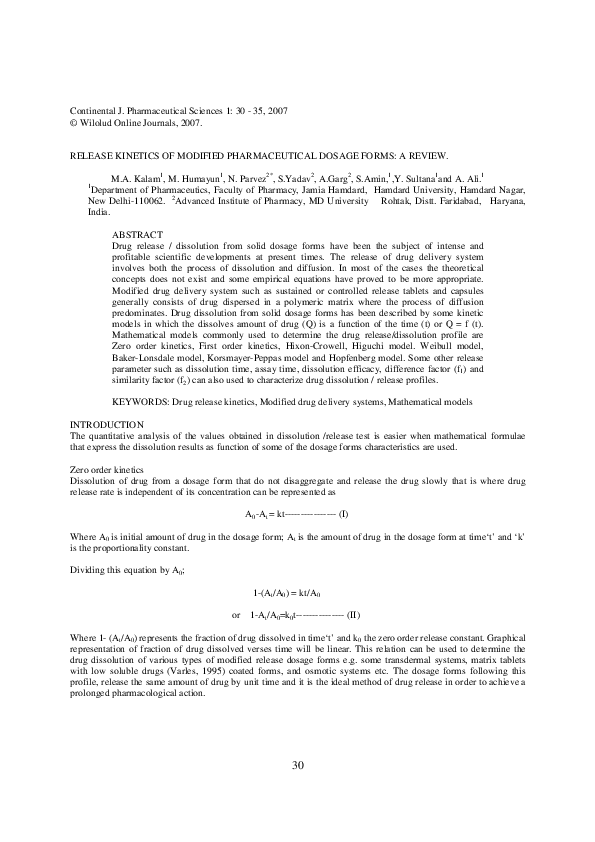 (PDF) Release Kinetics of Modified Pharmaceutical Dosage Forms: A Review