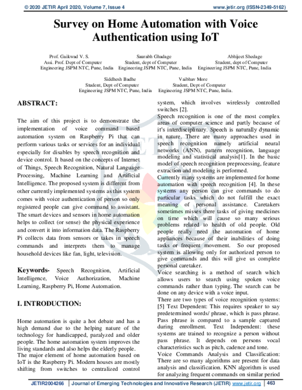 Pdf Survey On Home Automation With Voice Authentication Using Iot