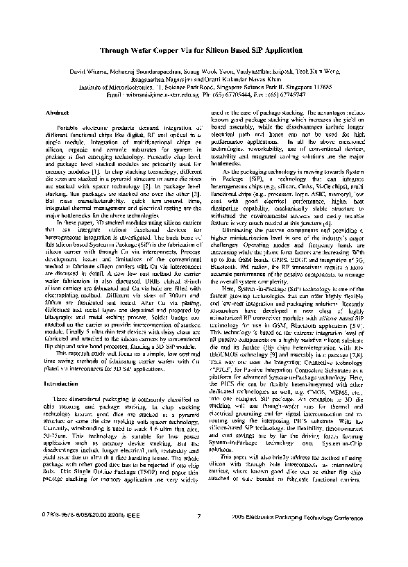 (PDF) Through Wafer Copper Via for Silicon Based SiP Application