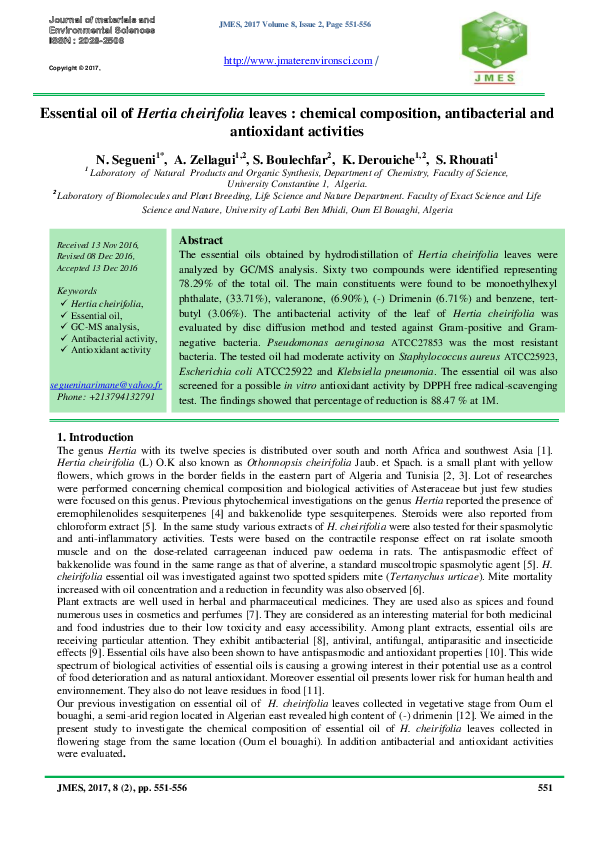 (PDF) Essential oil of Hertia cheirifolia leaves : chemical composition ...