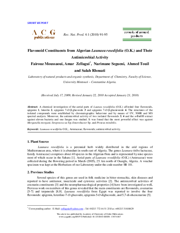 (PDF) Flavonoid constituents from Algerian Launaea resedifolia (O.K ...